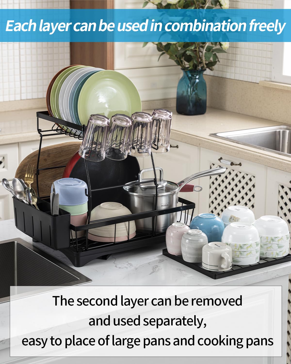 3 Tier Dish Drainer Rack for Kitchen Counter, Large Capacity Dish Drying Rack with 360° Rotating Drainboard, Dish Drainers for Kitchen Sink, Countertop Large Detachable Stainless Steel Dish Rack