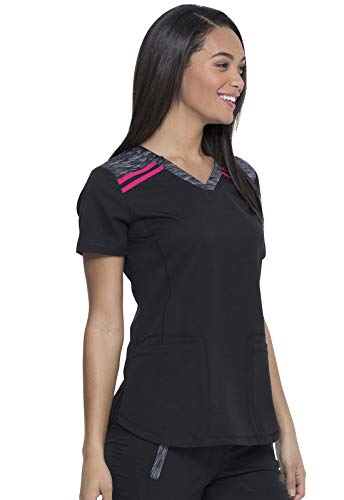 Dickies Dynamix Womens Tops, Athletic-Inspired Mélange V-Neck Scrub Top with Four-Way Stretch and Moisture Wicking DK740, XL, Black/Hot Pink