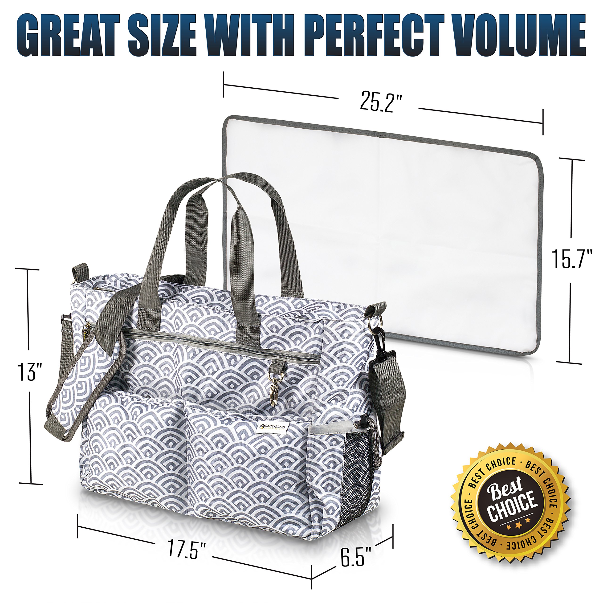 BABYHOOD X-Large Designer Baby Diaper Bag 12 Multi-Use Pockets, Stroller & Shoulder Straps, Insulated Bottle Holders, Padded Changing Mat, Special Summer Sale