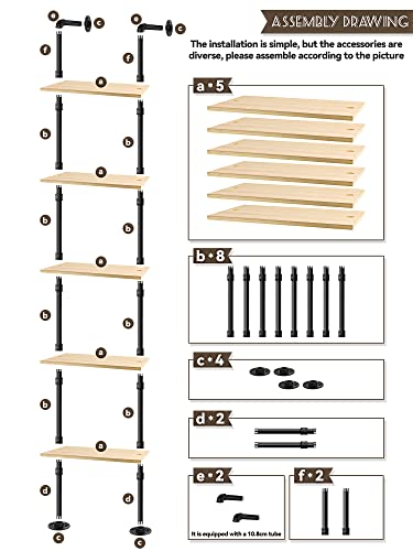 5 Tier Modern Bookcase Wall Mount Ladder Bookshelf Include Wood Planks Industrial Pipe Shelf Book Display Rack Metal Pipes and Wood Shelves Stand Black Corner Frame Bookcase (Natural Wood Board)