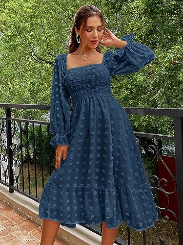Amegoya Women's Elegant Square Neck Long Sleeve Formal Dress Fall Swiss Dot Modest Smocked Midi Wedding Guest Dress (Navy Blue L)