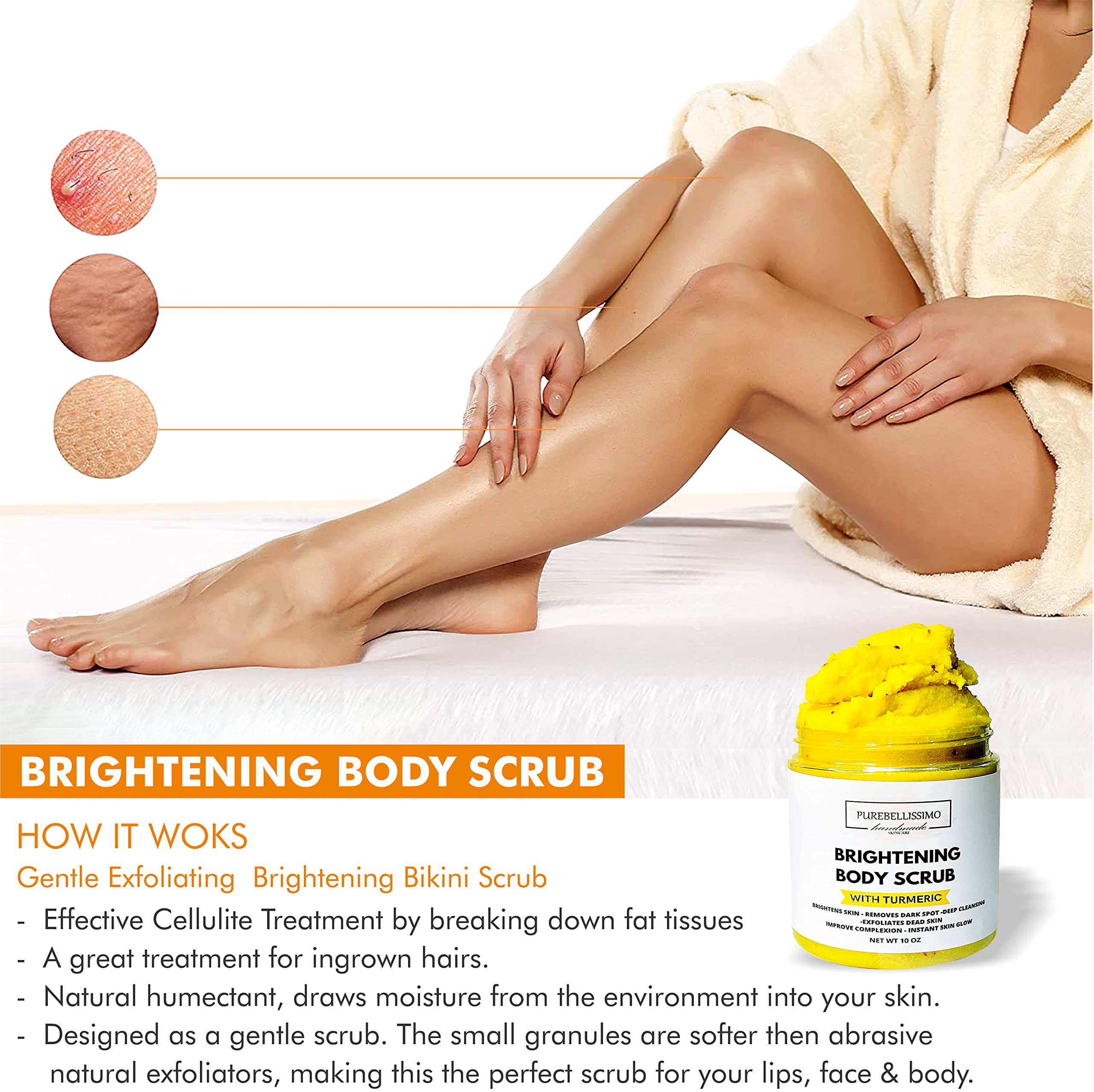 Turmeric Skin Brightening Scrub for Dark Spots, Dark Inner Thighs Bikini Area Underarms, Natural Exfoliating Turmeric Face Scrub ALL NATURAL 10OZ