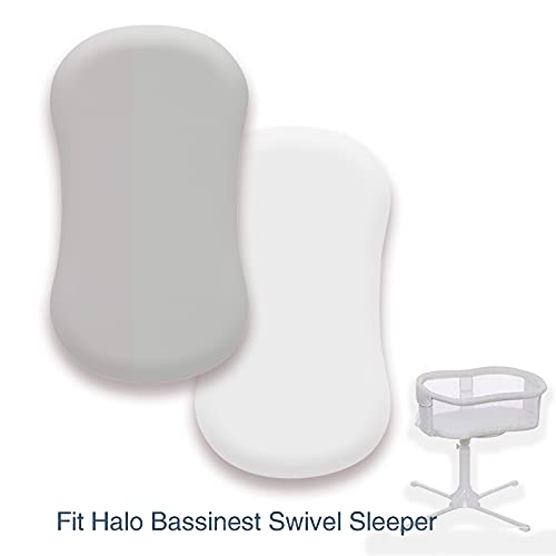AMROSE Heavenly Soft Microfiber Bassinet Sheets, Fit for Halo Bassinest Swivel Sleeper, 2 Pack Hourglass Bassinet Mattress Sheet Set for Boys Girls, White & Gray