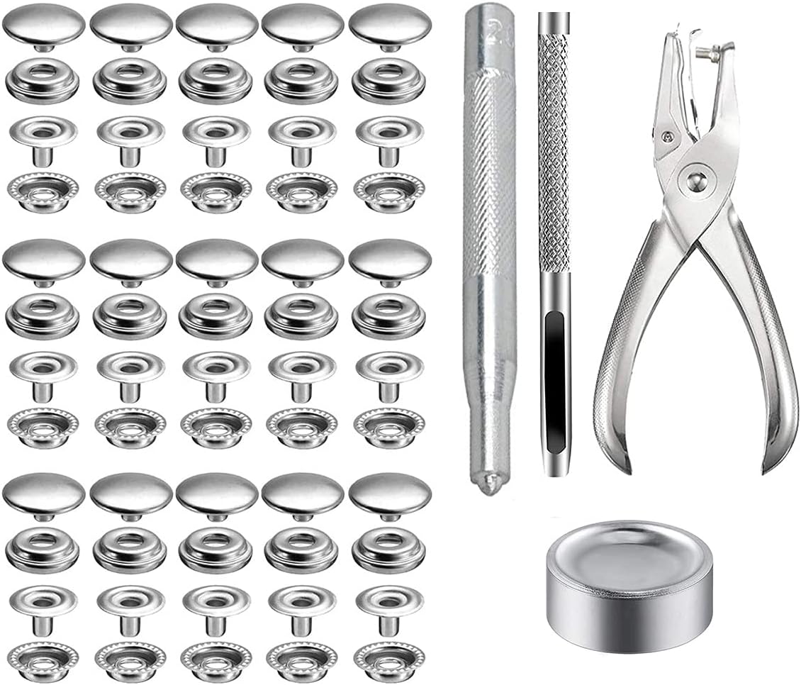 200 Pieces Stainless Steel Snap Fastener Kit, BetterJonny 15mm Heavy Duty Snap Button Press Stud Cap with Pliers and 3 Setting Tools for Marine Boat Canvas Bag Leather DIY Craft