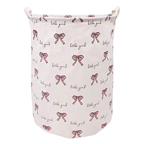 Jacone Large Laundry Basket Canvas Fabric Waterproof Cylindric Laundry Hamper Storage Basket with Handles, Decorative and Convenient for Kids Bedroom (Bowknot)
