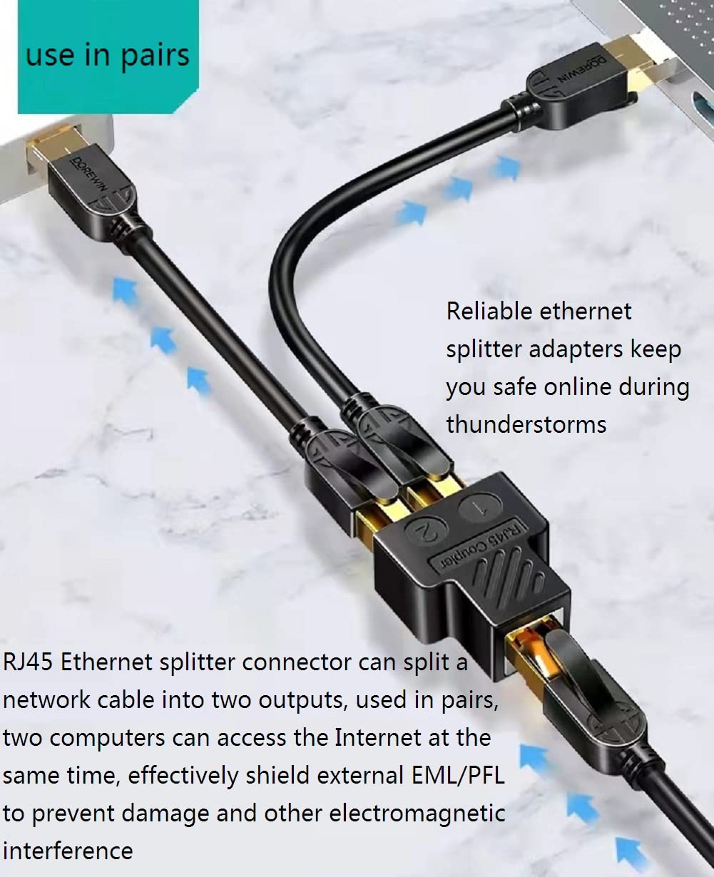 RJ45 Ethernet Splitter Adapter, 2 Pack 1 to 2 Ethernet Splitter 8P8C Socket Extender to Connect to LAN Network Internet Splitter Adapter, for Cat5, 5e, Cat6, Cat7, Black