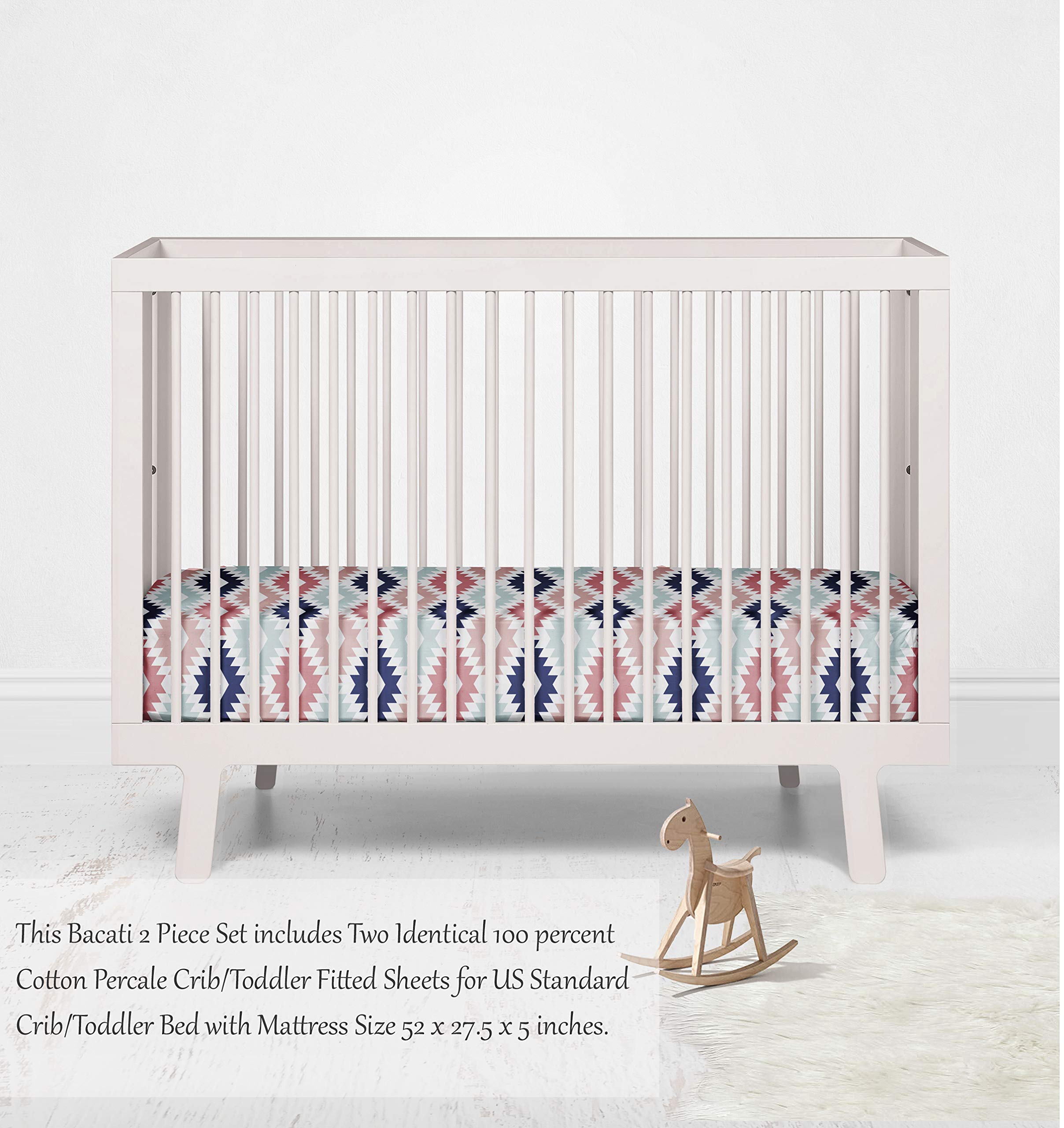 Bacati - 2 Pack Emma Aztec Kilim Printed Girls 100% Cotton Universal Baby US Standard Crib or Toddler Bed Fitted Sheets (Coral Mint Navy)