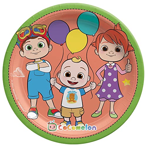 Amscan Cocomelon Birthday Party Supplies Bundle Pack includes 16 Dessert Plates, 16 Lunch Napkins, 16 Paper Cups, 1 Plastic Table Cover (Bundle for 16)