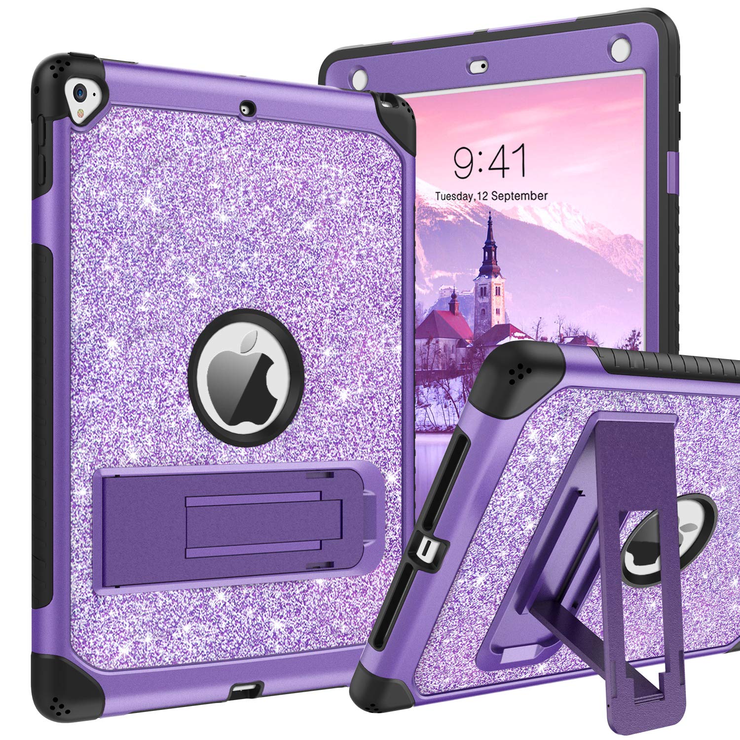 DUEDUE for iPad 9.7 Case 2017/2018, iPad Air 2 Case, iPad 6th/5th Generation Case with Kickstand Glitter Bling 3 in 1 Heavy Duty Hard PC Cover Shockproof Protective Case for iPad Pro 9.7, Purple