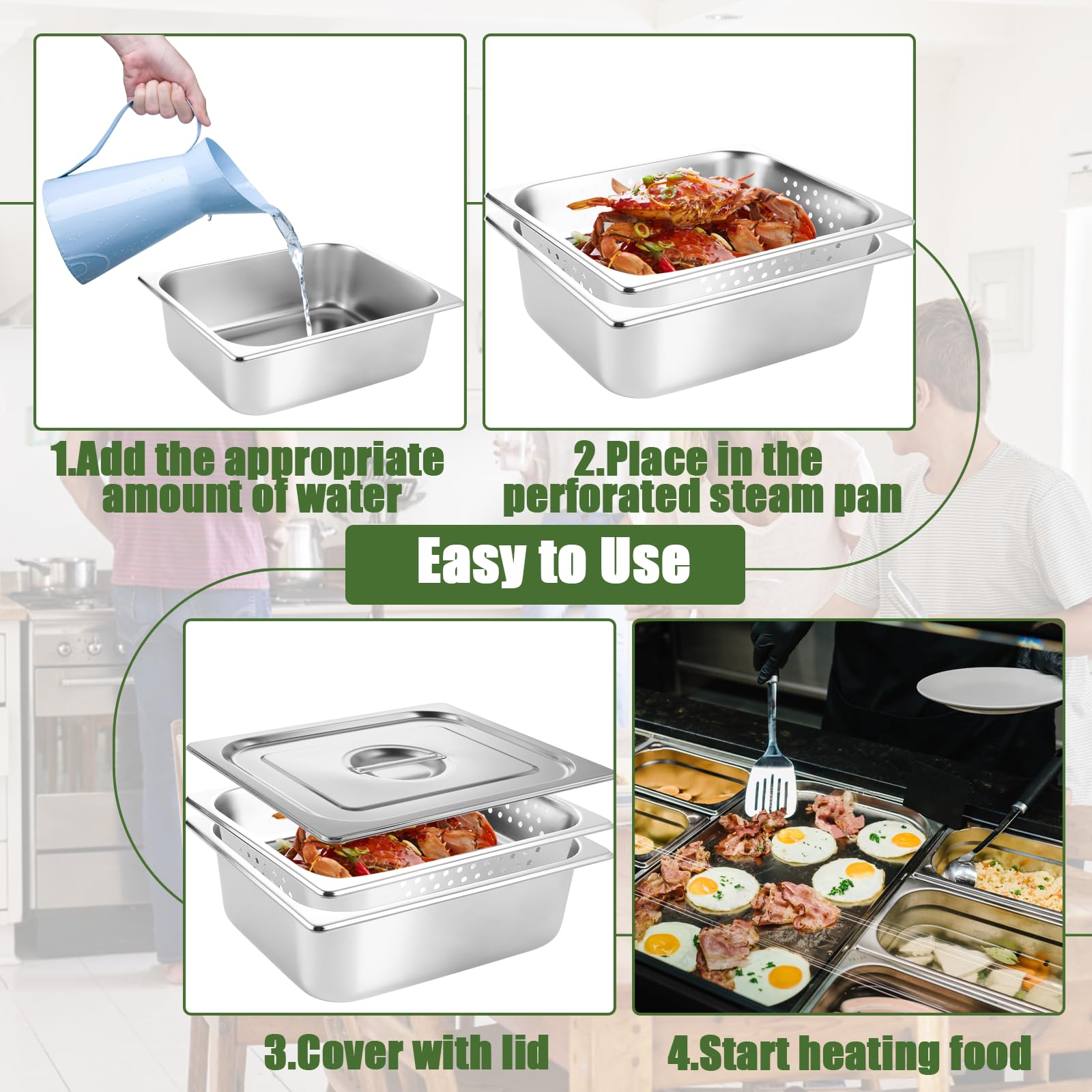 3 Pack Half Size 4 Inch Hotel Pan with Lids 2.6 Inch Perforated Steam Pan Stainless Steel Restaurant Pans for Restaurants, Cafeteria, Kitchen