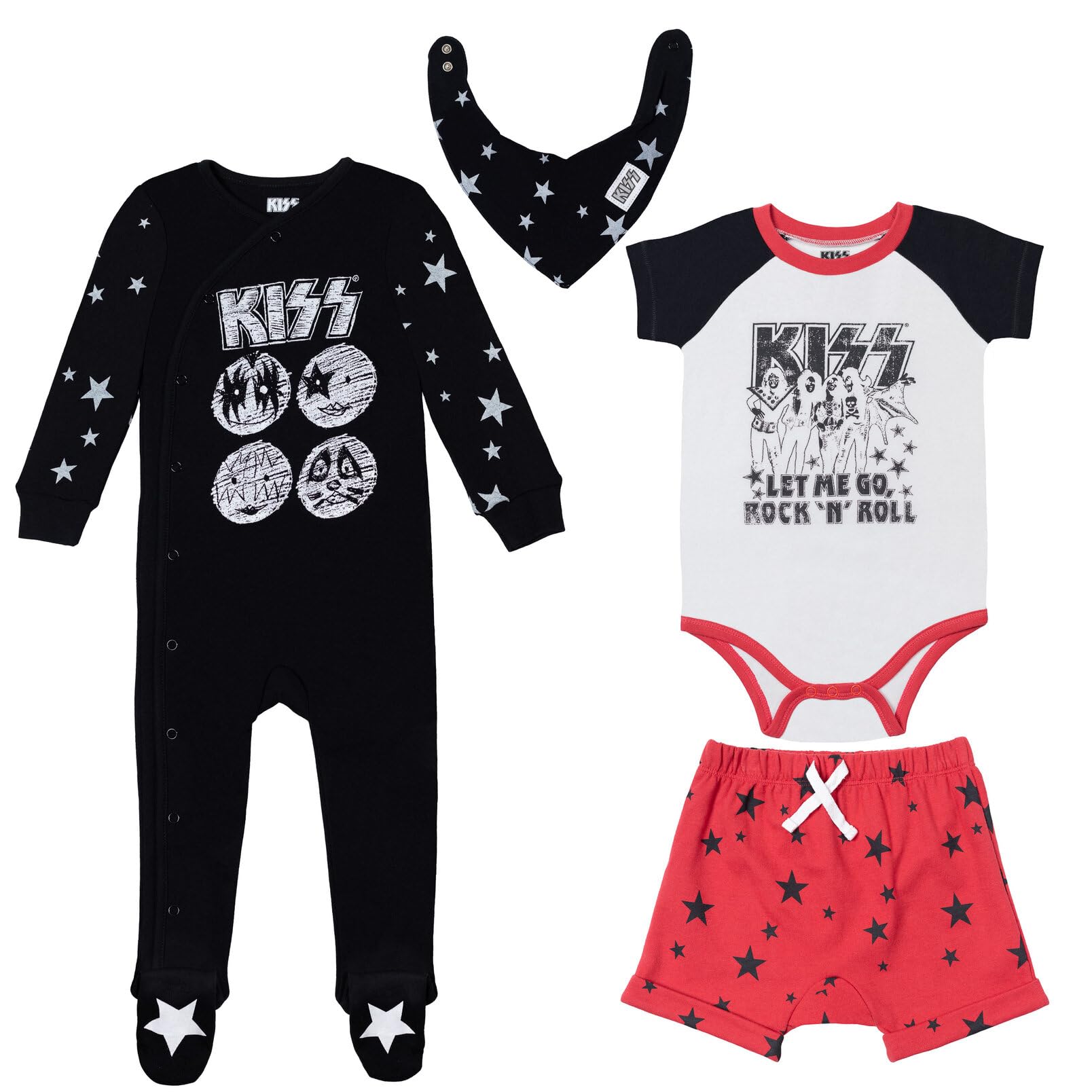 KISS Newborn Baby Boys Coverall, Bodysuit, French Terry Shorts and Bib 4 Piece Rock Outfit Set Red/White/Black 6-9 Months
