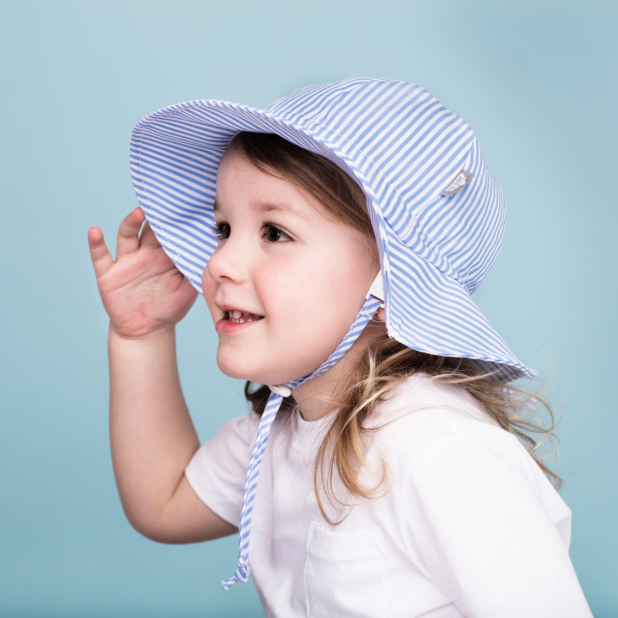 JAN & JUL Newborn Boy Beach Sun-Hat for Baby, Adjustable Strap (S: 0-6 Months, Blue Stripes)