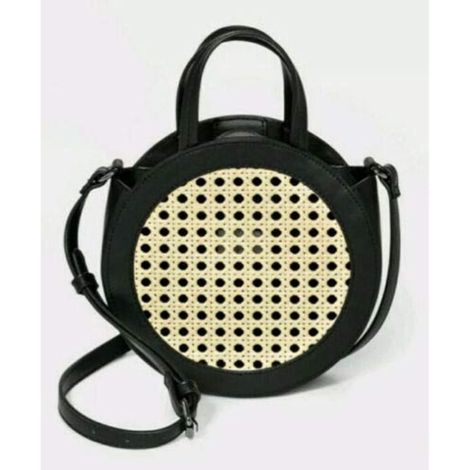 A New Day Round Crossbody Bag Purse Handbag Black Faux Leather & Woven Straw, 8" x 8"