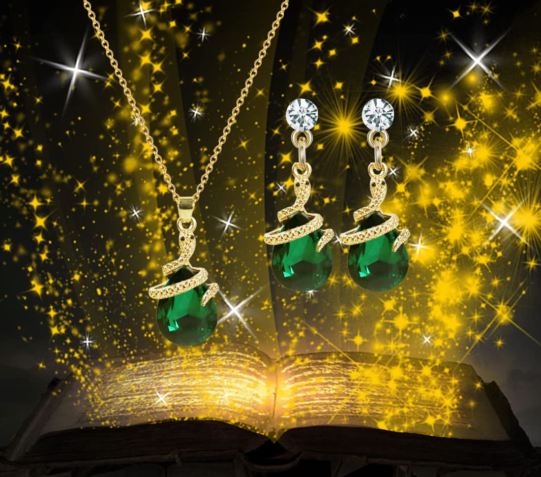14K Gold Plated Drop Crystal Zircon Green Snake Pendant Necklace and Earring Jewelry Set
