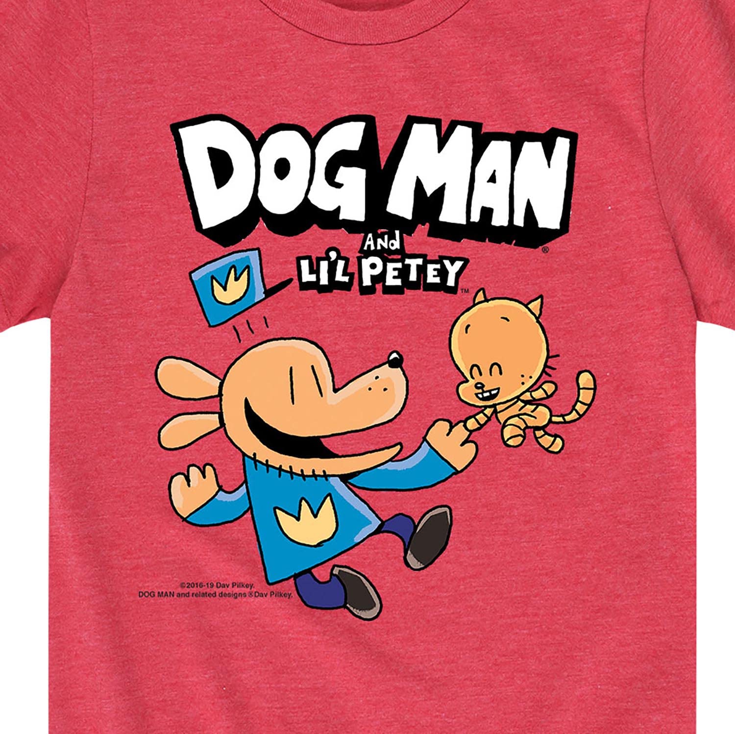 Dog Man and Lil Petey - Youth Short Sleeve Graphic T-Shirt - Size Medium Heather Red