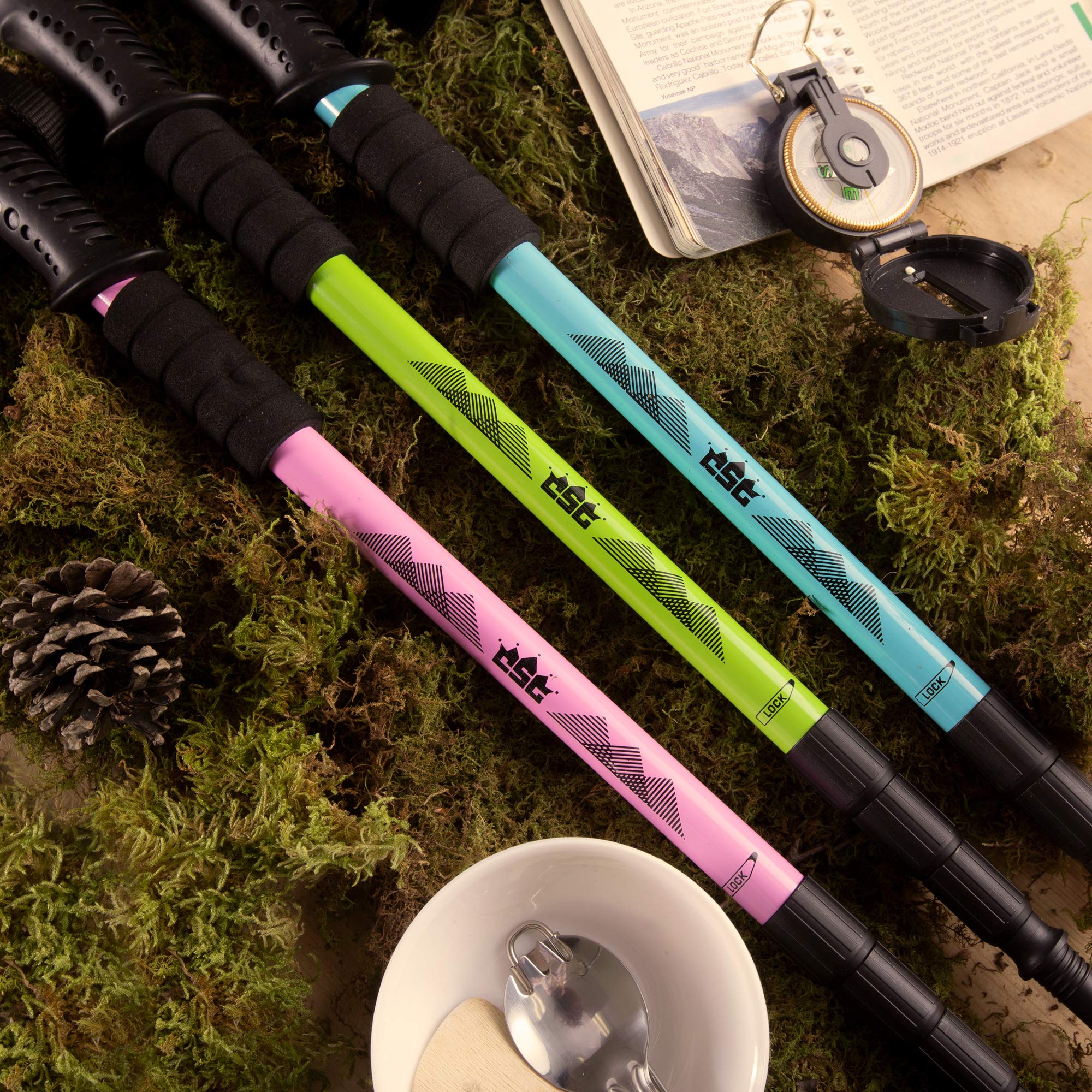 2-Pack Trekking Pole & Women's Walking Staff | Strong Lightweight Aluminum | Telescoping 53" Length Collapses to 23" | All-Terrain: Interchangeable Carbonite Ice Pick Tip, Rubber Tip, Snow Cap (Pink)