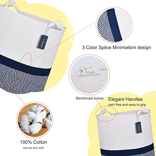 COMSE Extra Large Blanket Basket, Tall Storage Basket, 15.7βx 21.7β, Tall Rope Laundry Basket, Cotton Rope Basket, XXXL Laundry Basket, Toy Basket, Woven Basket, Clothes Baskets, Blend White/Navy Blue