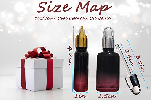 RORANIC Eye Dropper Bottles 1oz,Black Rose Red Mixed Oval Glass Bottle Travel Size 30ml 6 Pack with Golden & Silver Caps for Cosmetic Sample Container for Essential Oils,Perfume (Black Rose Red)