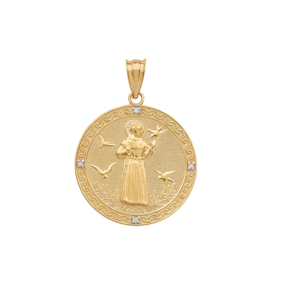 14k Gold Saint Francis Of Assisi Diamond Round Medal Charm Pendant (Small)