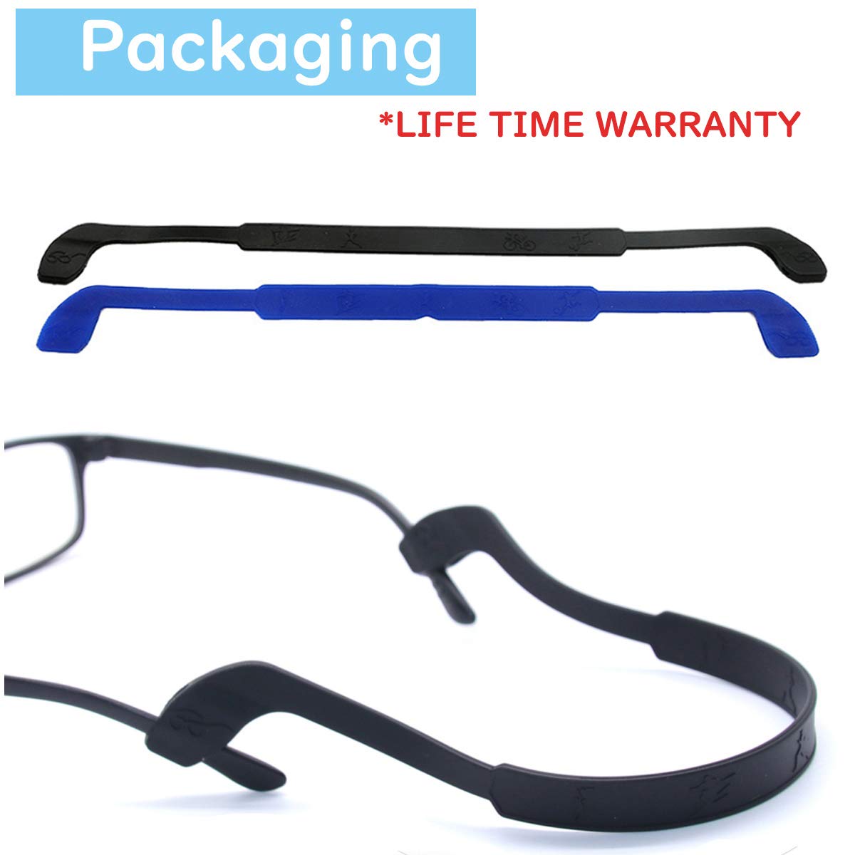 Glasses Strap Anti-Slip Silicone Eyeglass Strap Eyewear Retainers Sports Elastic Soft Sunglass Cord Holder for Men Women 2PCS(Black /Blue)