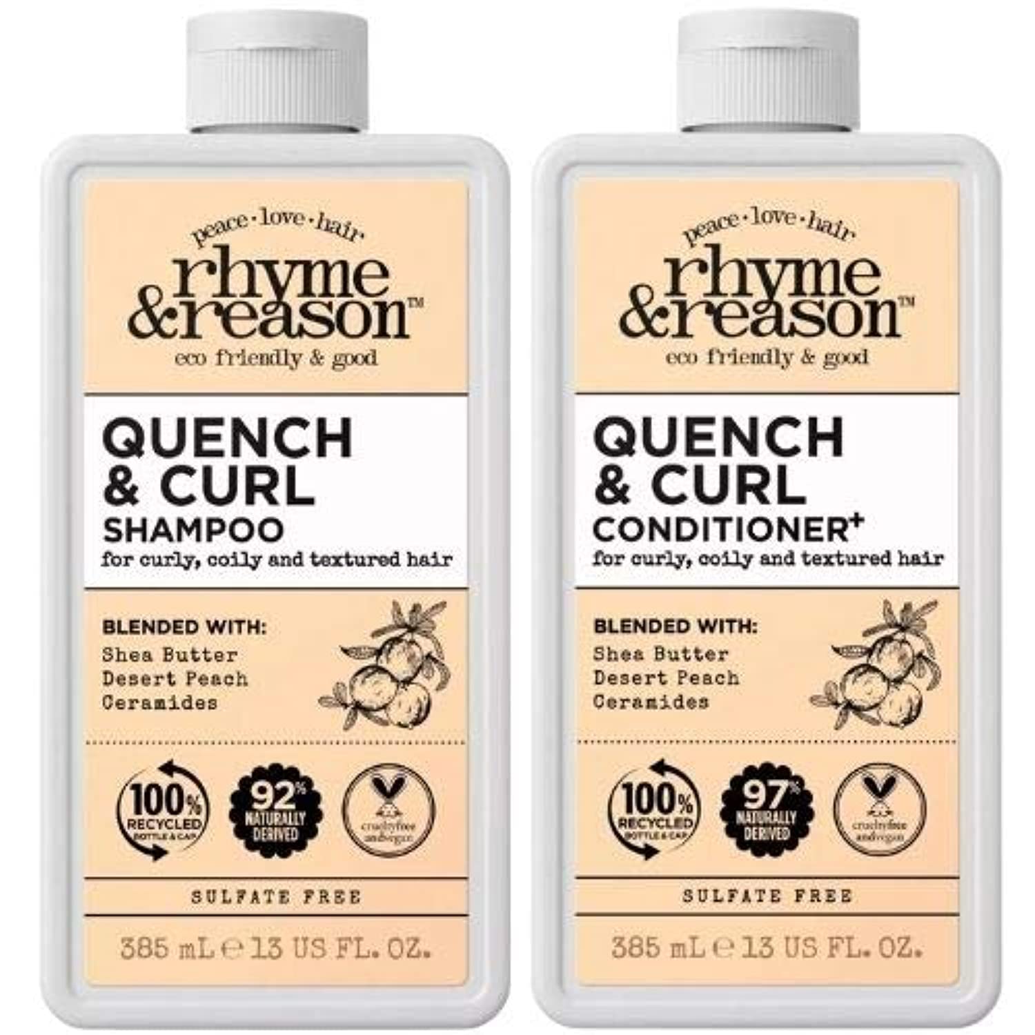 RR Hair Rhyme & Reason Quench and Curl Shampoo Conditioner Set. 13 Fl Oz Bottles. For Curly, Coily, Textured Hair. Blended with Shea Butter, Desert Peach Ceramides. Vegan, Sulfate Cruelty Free.