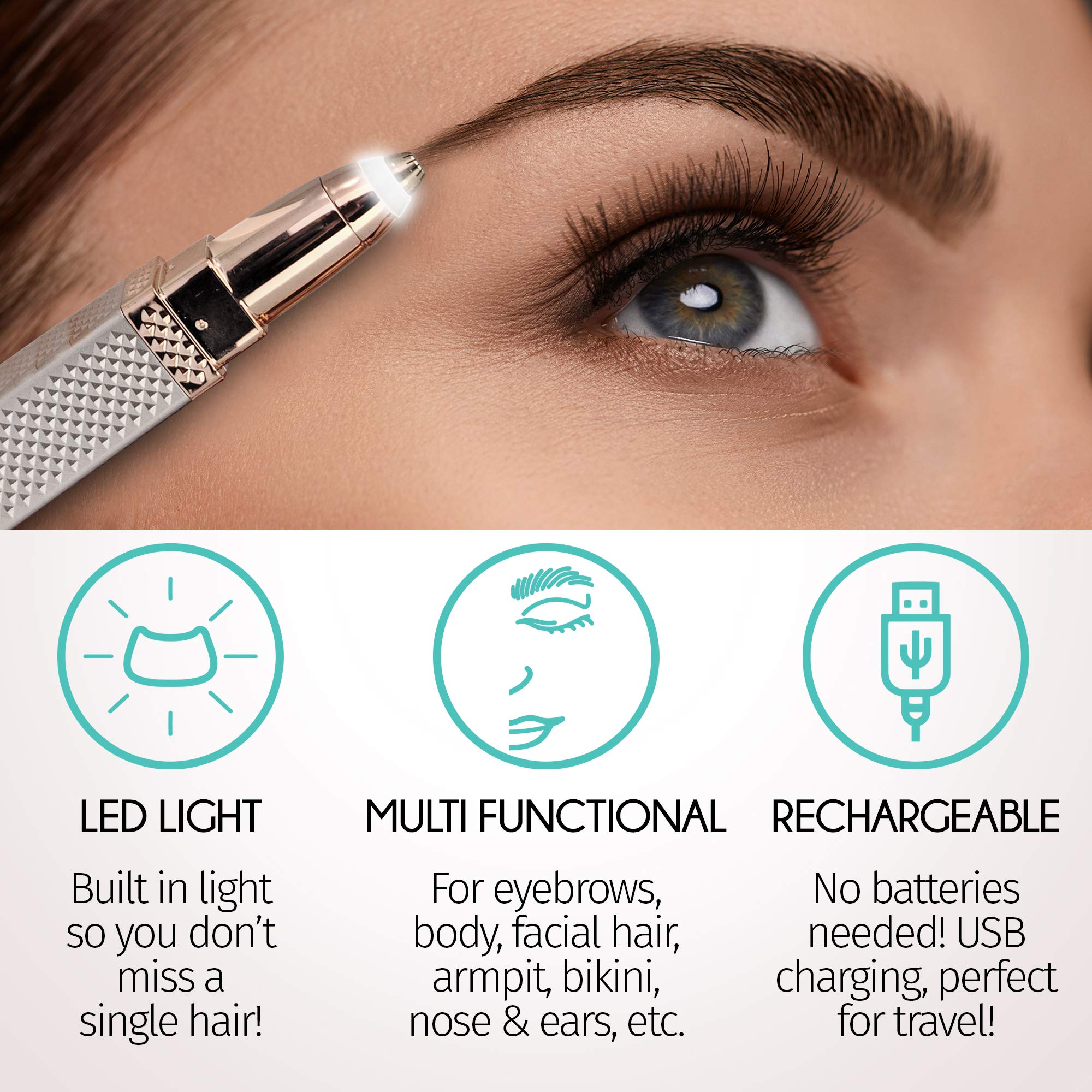 Eyebrow and Facial Hair Trimmer 2 in 1 Rechargeable Painless Epilator Easy to Use Eye Brows Razor Perfect Eyebrow Face Upper Lips Underarm Leg Bikini Hair Remover Brow Shaver with LED Light