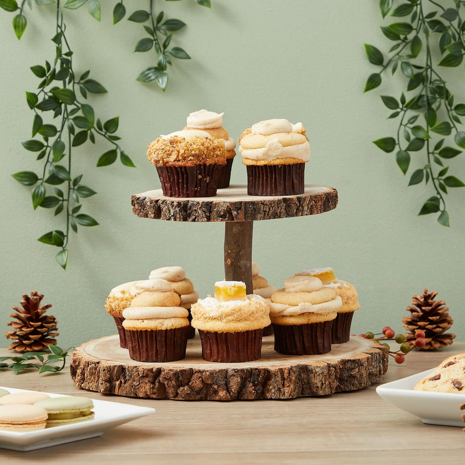 2-Tiered Rustic Wood Cake Stand for Cupcakes, Desserts, Tree Stump Server for Appetizers, and Hors d'oeuvres (12 x 8 in)