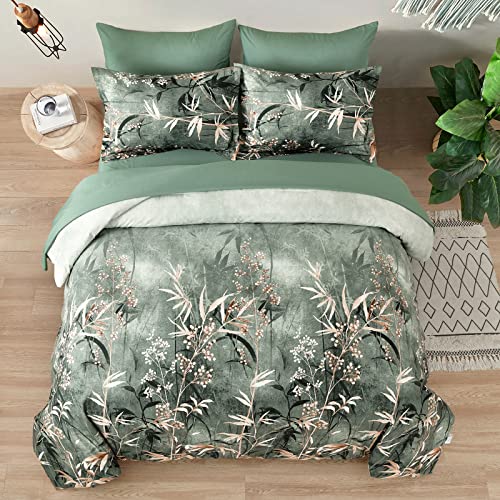 Dinjoy Botanical Comforter Set Queen 7 Pieces Bed in A Bag Dark Green Bamboo Leaves Comforter Set Soft Microfiber Queen Green Omber Comforter with Sheet (7 PCS Queen Comforter,Green)
