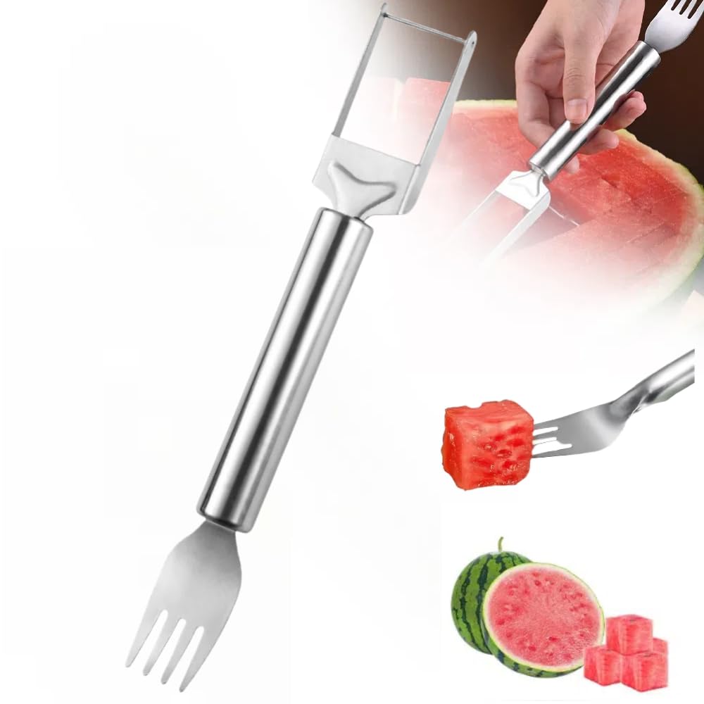 2-in-1 Stainless Steel Fruit Cutter, 2024 Upgrade Watermelon Slicer Cutter Summer Watermelon Fruit Cutting Fork, Stainless Steel 2-in-1 Watermelon Fork Slicer for Home Kitchen Gadget (1 Pcs)