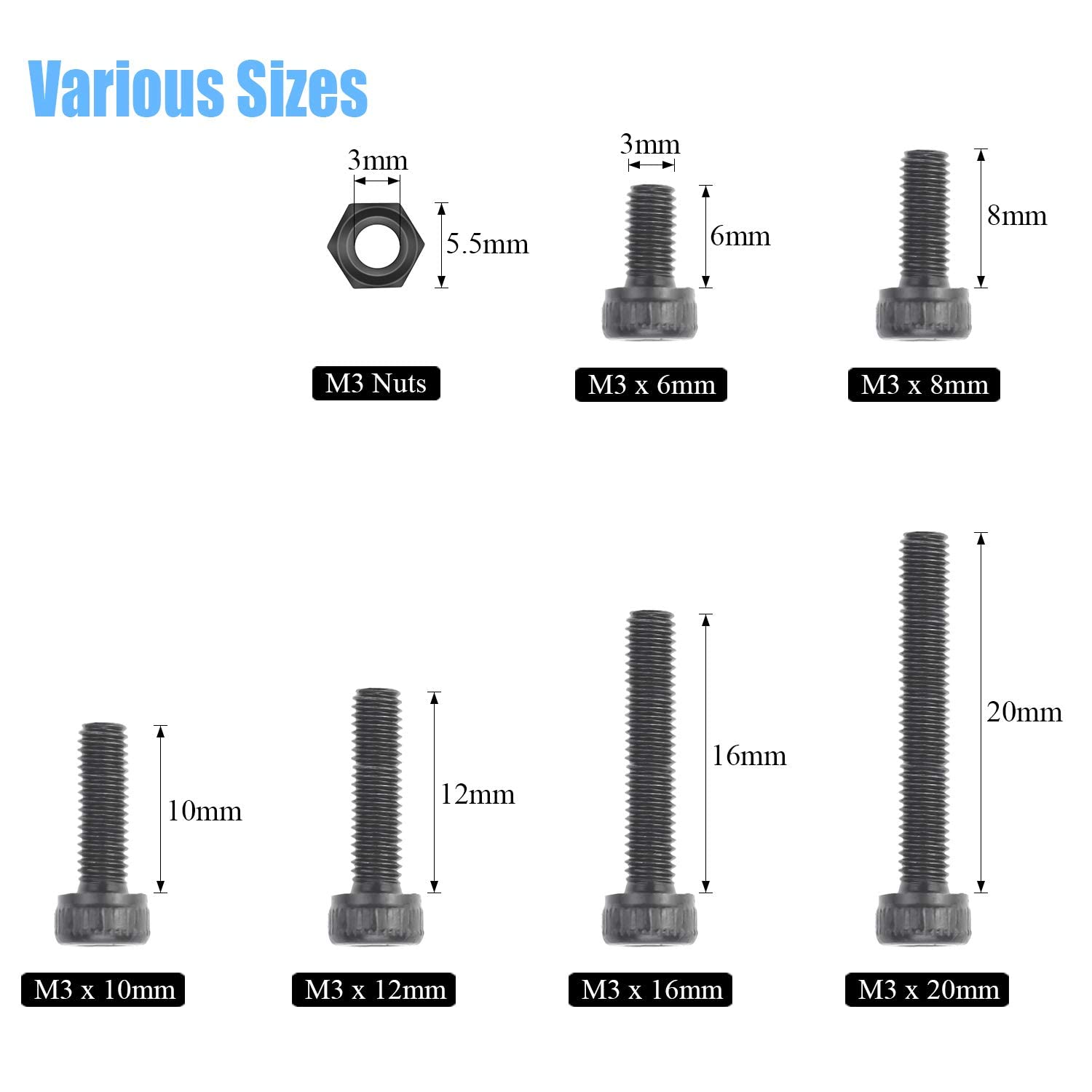 DYWISHKEY 360 Pieces M3 x 6mm/8mm/10mm/12mm/16mm/20mm, 12.9 Grade Alloy Steel Hex Socket Head Cap Bolts Screws Nuts Kit with Hex Wrench