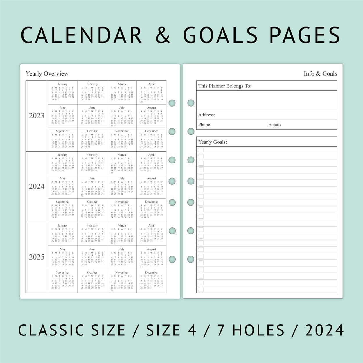 2024 Weekly & Monthly Planner Refill, 5-1/2" x 8-1/4", Runs from January 2024 to December 2024, Ruled Daily Boxes, Classic/Desk Size 4, 7-Hole Punched