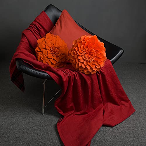 JWH Handmade 3D Flower Throw Pillow Covers Aesthetic Decorative Round Cushion Floral Accent Pillow Cases Velvet Pillowcase Living Room Bed Couch Bedroom 14 Inch Orange