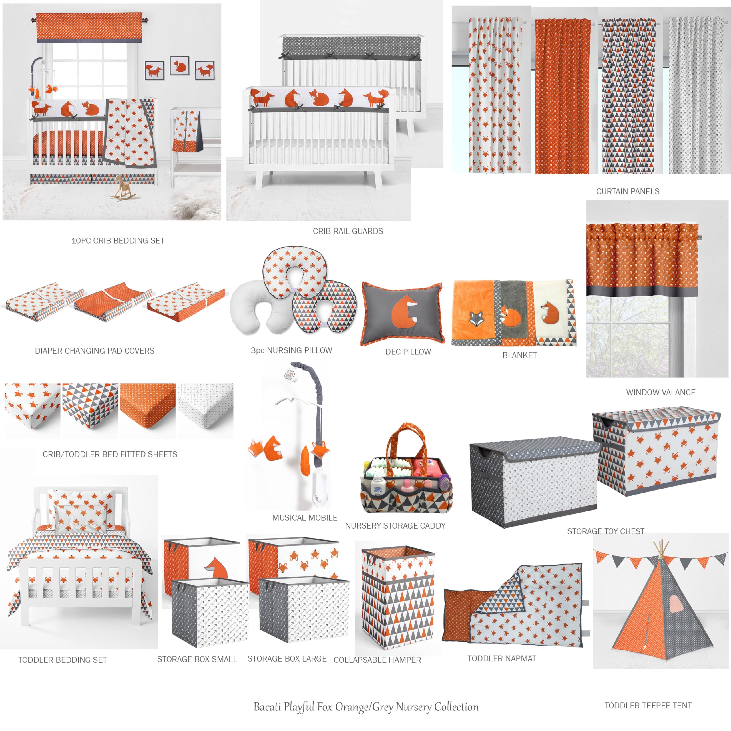 Bacati Playful Foxs 4 Piece Neutral Toddler Bedding Set, Orange/Grey 100 Percent Cotton Includes Reversible Comforter, Fitted Sheet, Top Sheet, and Pillow Case for Boys/Girls