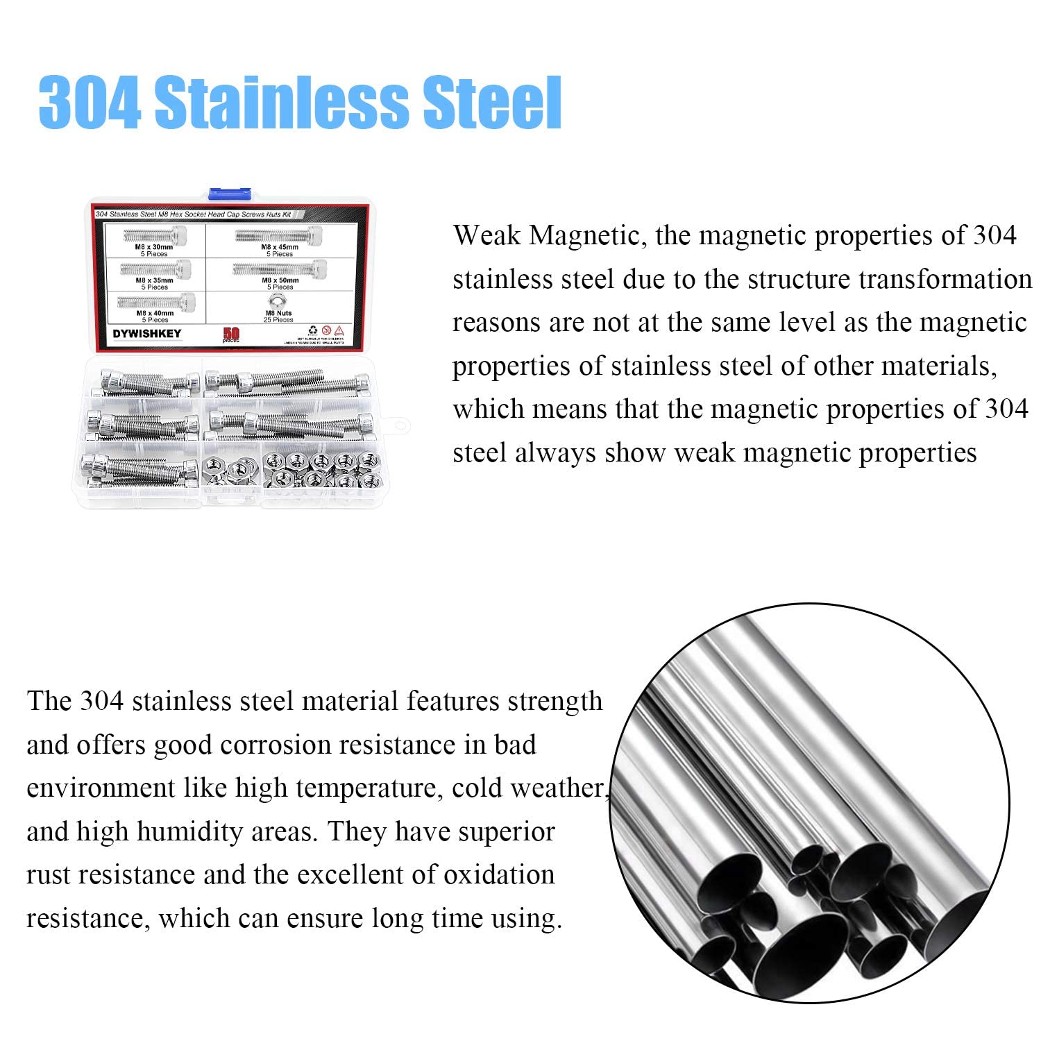 DYWISHKEY 50 Pieces M8 x 30mm/35mm/40mm/45mm/50mm Stainless Steel 304 Hex Socket Head Cap Bolts and Nuts Kit