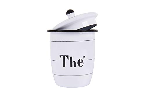 Creative Co-Op Enameled White Canisters with French Writing & Black Rims (Set of 4 Sizes)