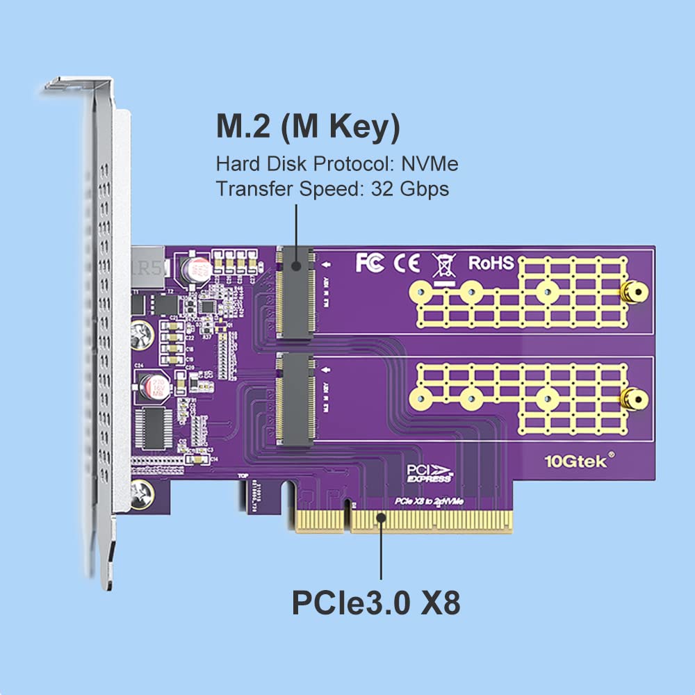 2-Port M.2 NVMe Adapter M-Key, Requires Motherboard BIOS Support for Bifurcation, PCIe X8 Gen3