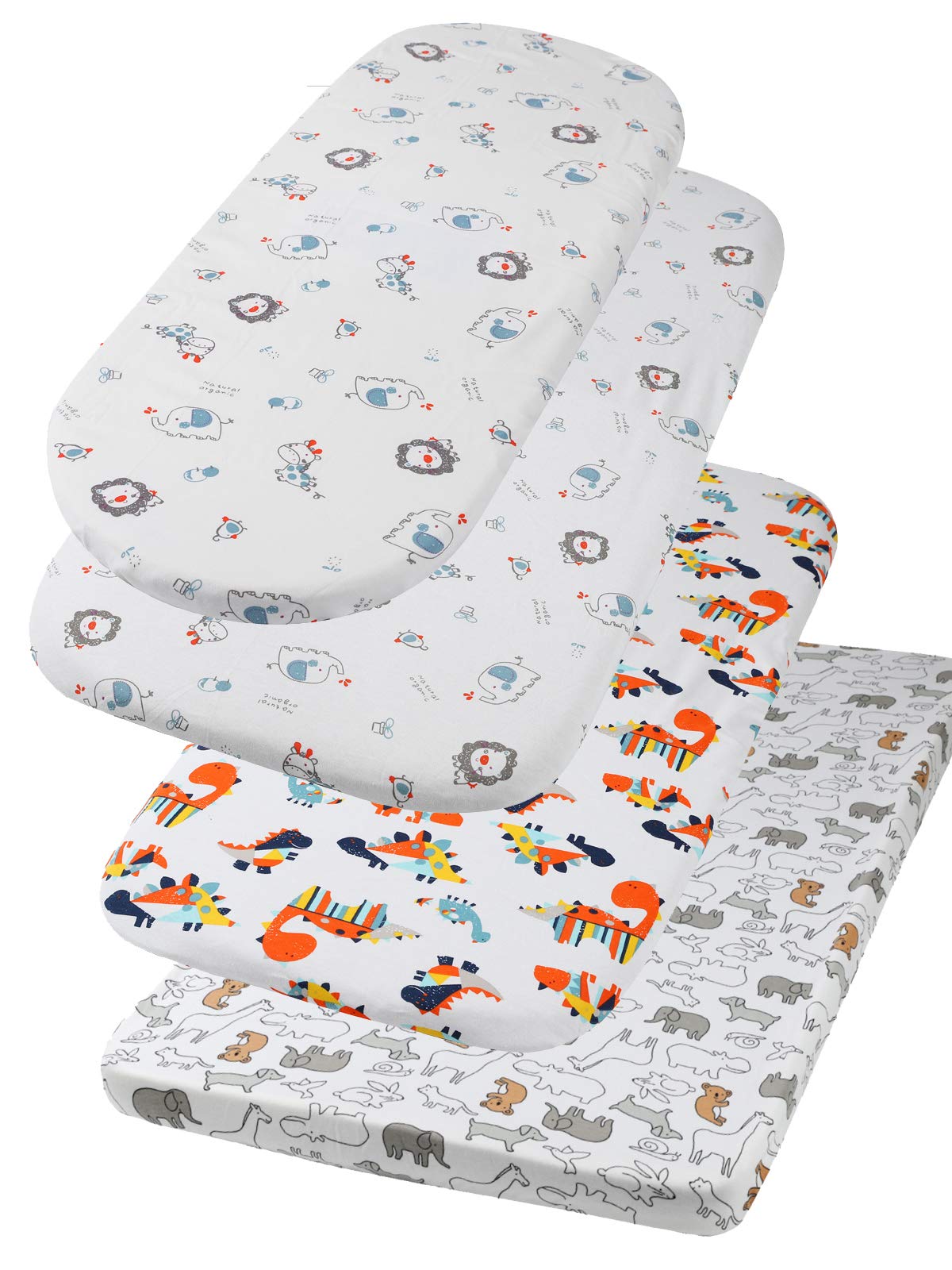 Jersey Cotton Bassinet Sheet Set 3 Pack Fitted Cradle Sheets, Ultra Soft Stretch 190 GSM, for Baby Boy, Universal Fit Rectangle Oval Hourglass Bassinet Mattress, Dinosaur Elephant Koala