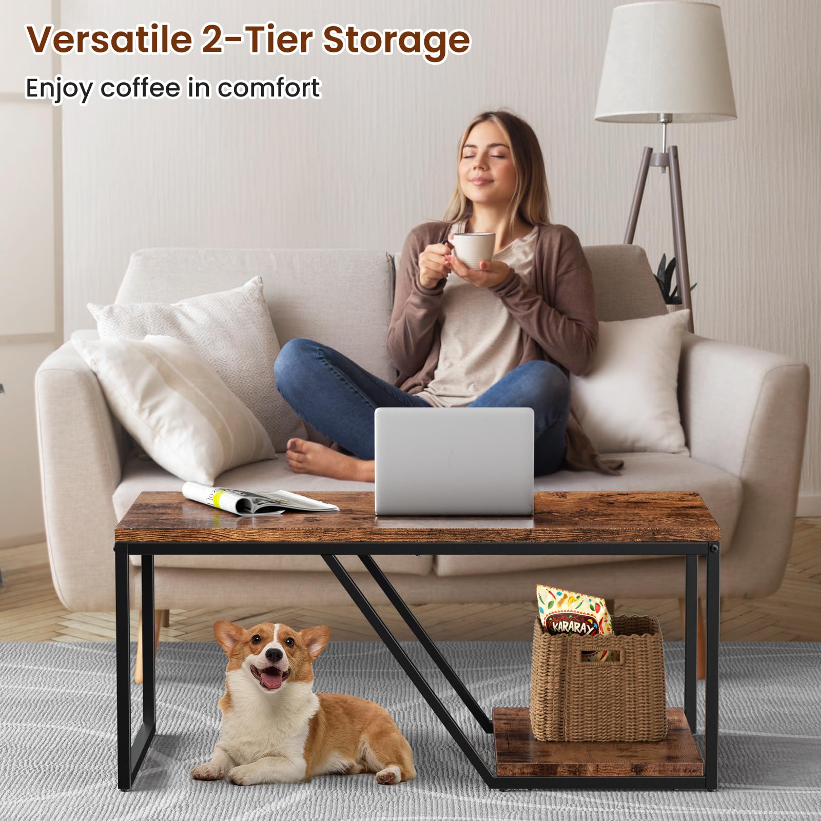2-Tier Industrial Rectangle Rustic Coffee Table for Living Room Small Spaces, Living Room Center Table with Storage Shelf and Stable Metal Simple Modern Open Design, Easy Assembly, Adjustable Feet