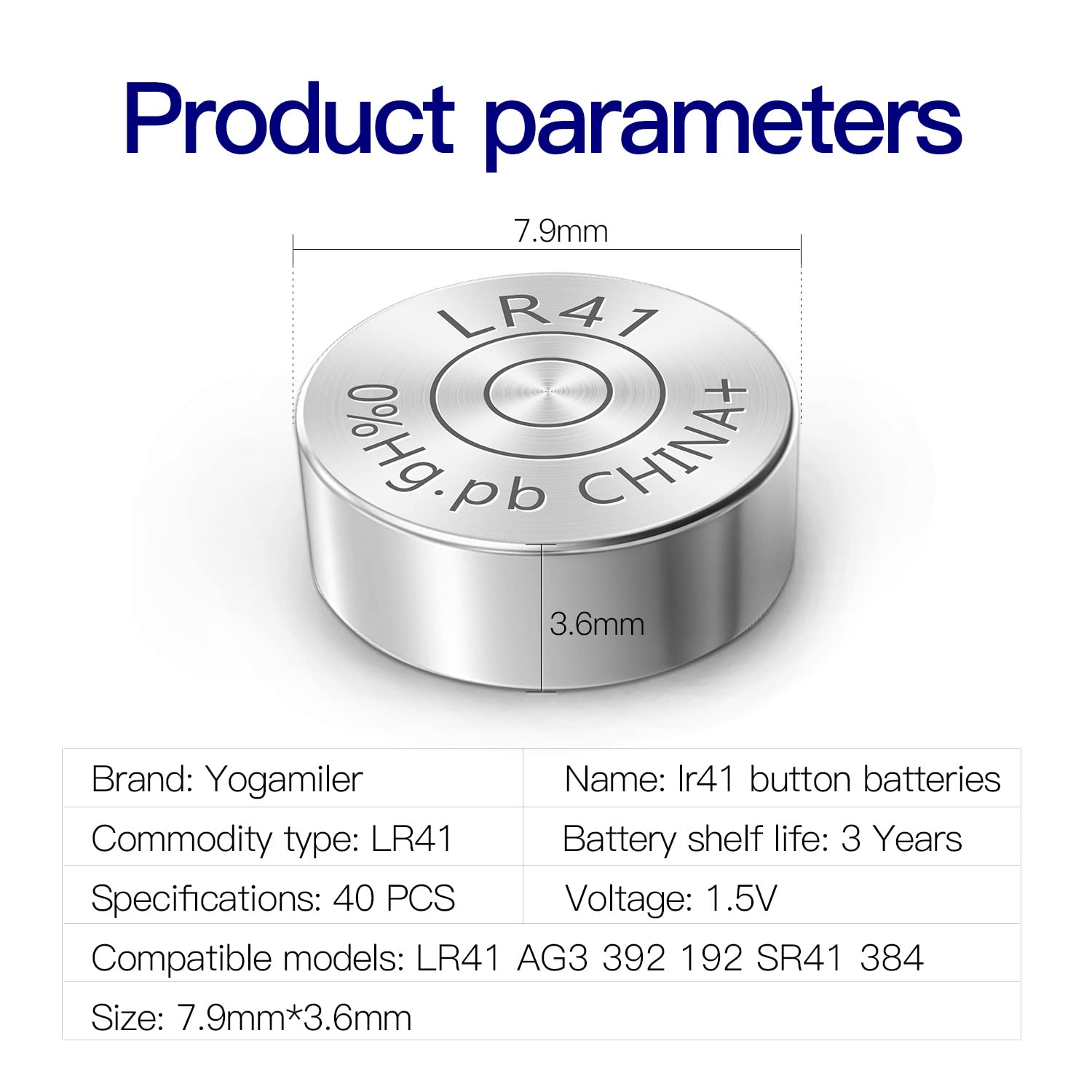Yogamiler 40-Pack LR41 AG3 392 192 SR41 384 736 L736F Battery 1.5V Button Cell Batteries
