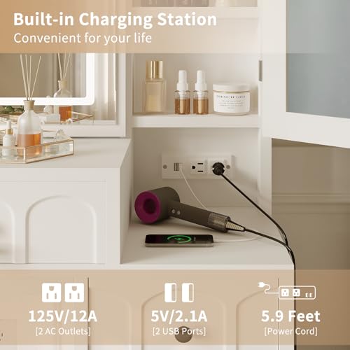 Breezestival Vanity Desk with LED Lights Mirror, White Makeup Vanity with Power Outlet & 5 Drawers, Dresser with Storage Shelves & Side Pocket for Bedroom, Dressing Room, 3 Adjustable Light Colors