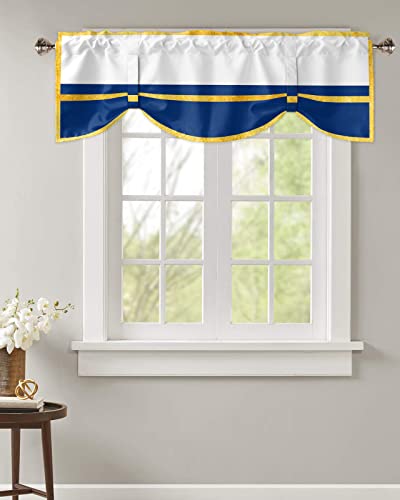 Blue White Block and Gold Yellow Lines Tie Up Valance Curtain for Kitchen-Small Window Shade Valances Adjustable Rod Pocket Windows Treatment for Bathroom Decor Modern Minimalist Art,1 Panel 42x12in