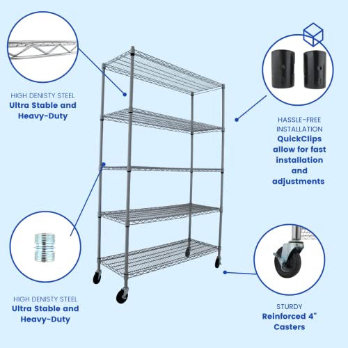 Crescent 4000 LBS 48L 18W 76H Epoxy Coated Gray, 5 Tier Racks for Storage, Heavy Duty Wire Shelving Rack with 4" Casters