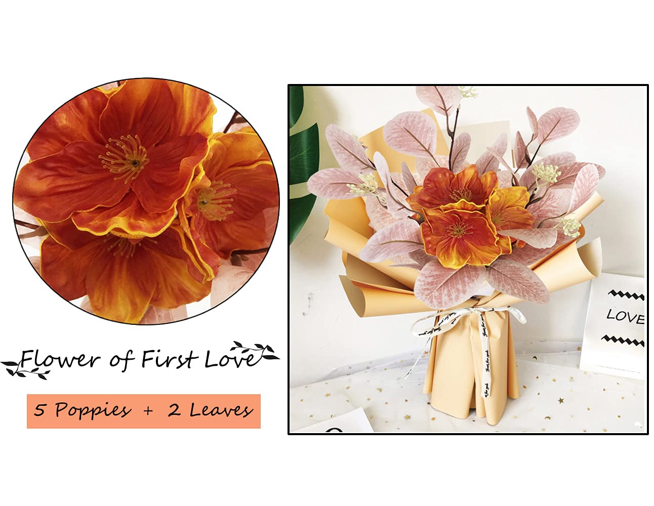 Auntroen Fake Flower Poppy Flower Leaf Combination Real Touch Latex Silk Fabric Artificial Flower, Kitchen Home Garden Party Wedding Decoration (Sunset+Pink) (B502)
