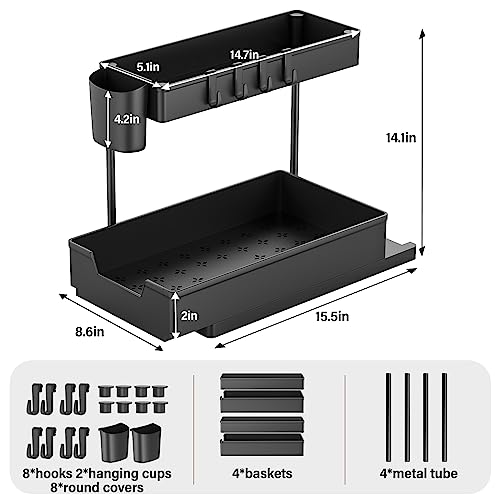 2 Pack Under Sink Organizers and Storage L-Shape 2 Tier Pull Out Sliding Drawer Narrow Space Storage Multipurpose Sliding Kitchen Cabinet Bathroom Organization Under Sink Cleaning Supply Organizer