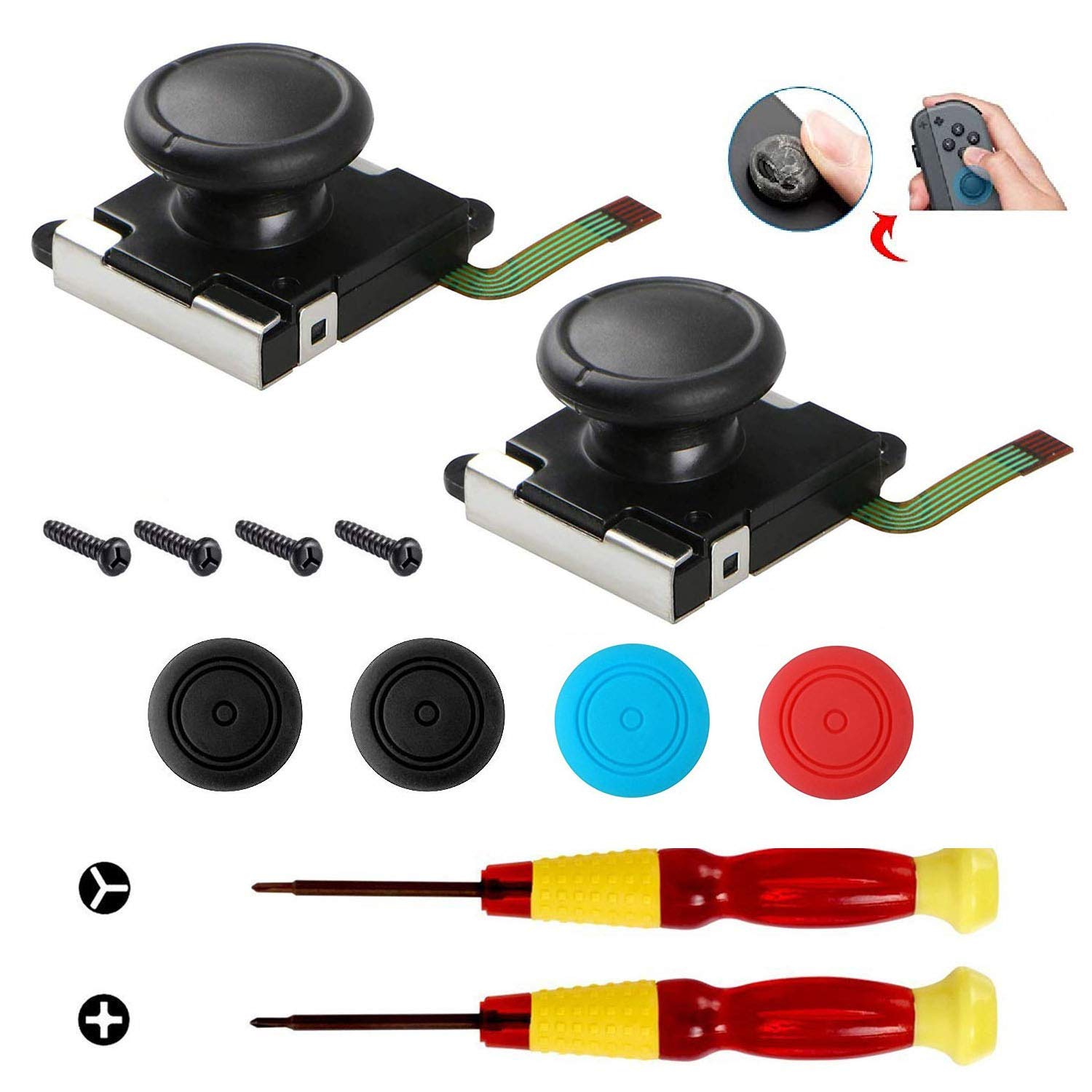 2-Pack 3D Analog Joystick Joycon Analog Stick for Nintendo Switch Joystick Replacement - Comes with Tri-Wing & Cross Screwdriver Repair Tool and 4 Thumbstick Caps