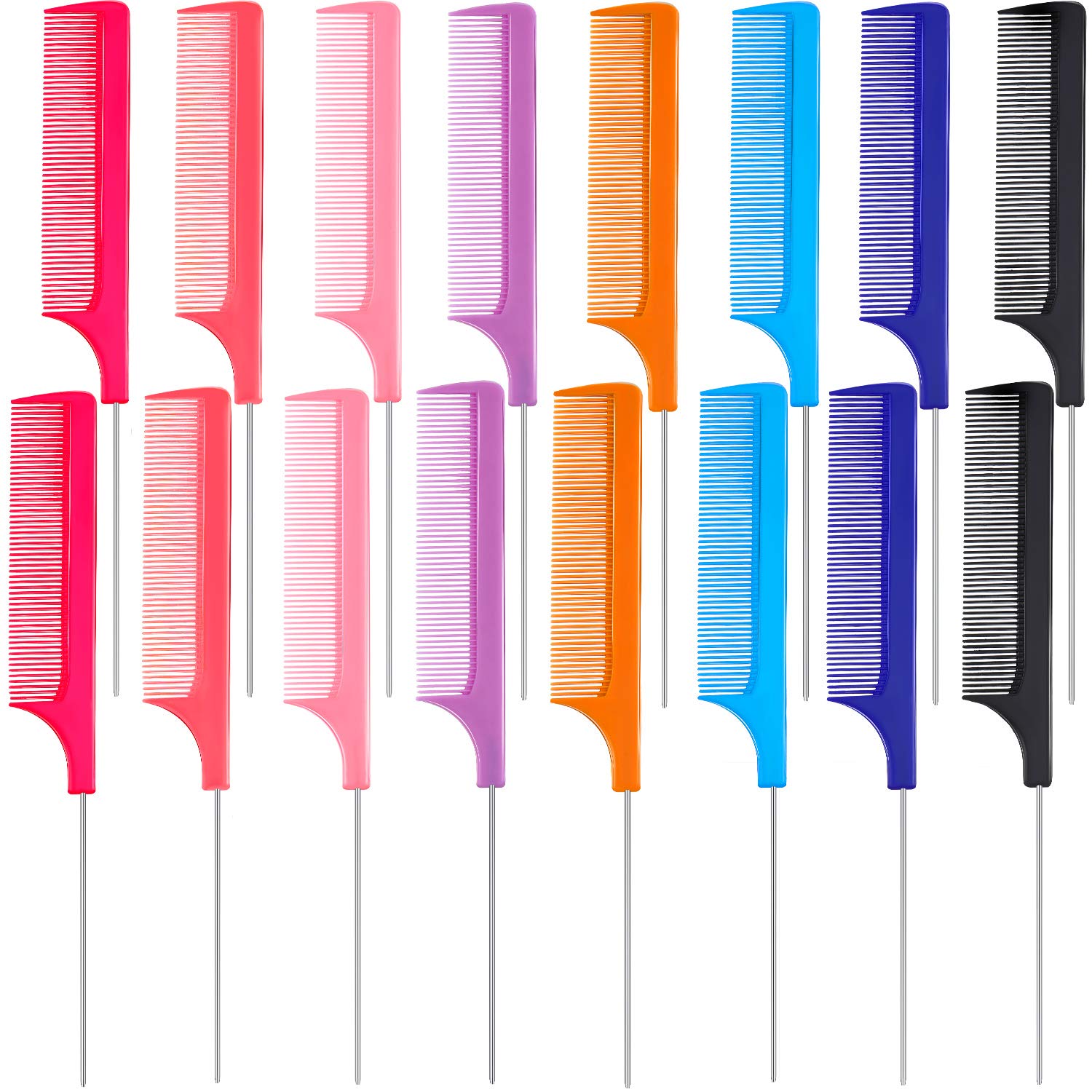 16 Pieces Rat Tail Comb Foiling Combs Steel Pin Rat Tail Fiber Heat Resistant Teasing Combs with Stainless Steel Pintail for Women Girls Hair Styling
