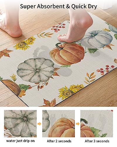 Bath Mat for Bathroom Non Slip Thanksgiving Fall Pumpkin Sunflower Maple Leaves Linen Diatomaceous Earth Bath Mats Highly Absorbent Door Mat Diatom Mud Washable Bathroom Mat for Tub Shower 18x30 Inch