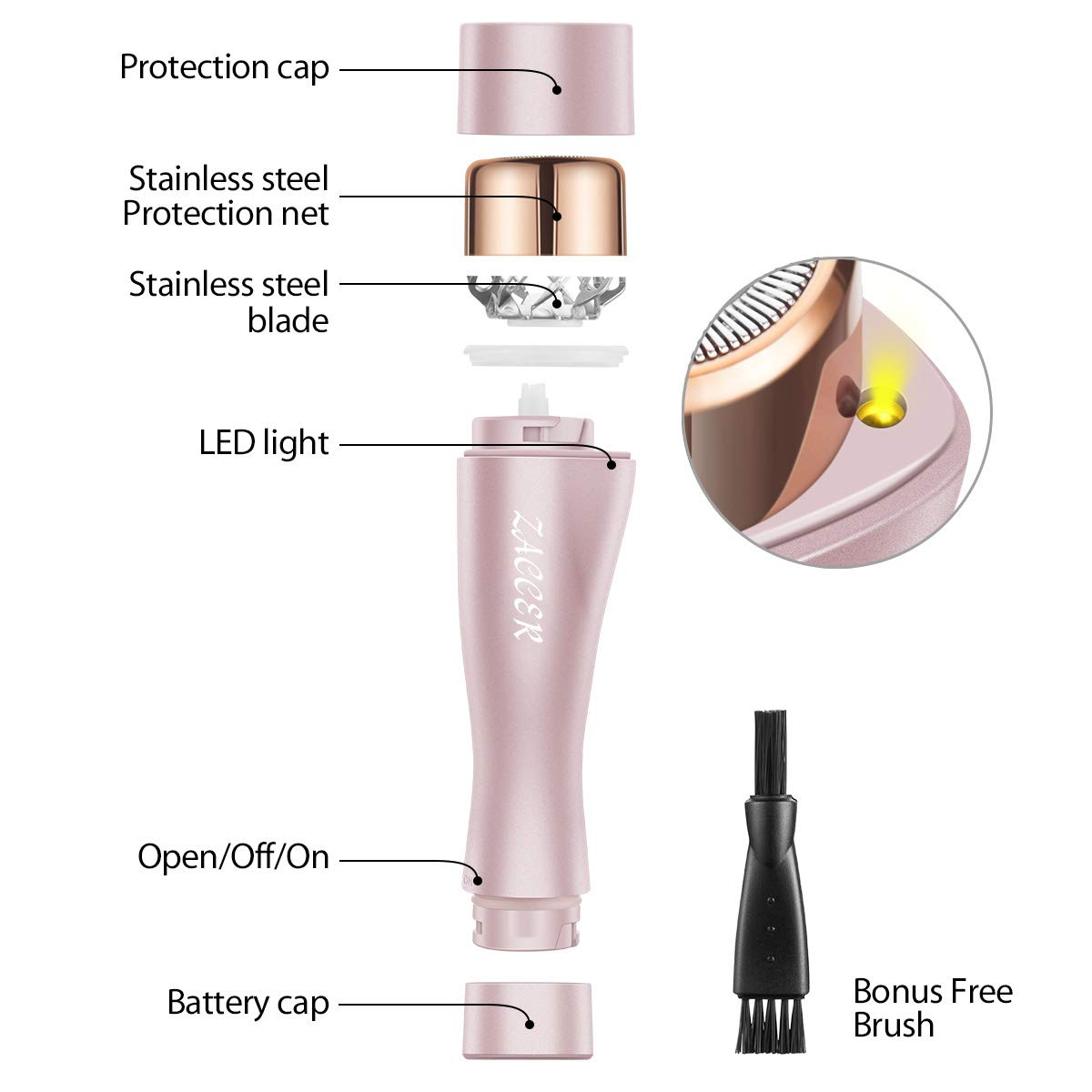 Facial Hair Remover ZACCER Painless Hair Removal for Women Waterproof Shaver Razor with LED Light (Rose)