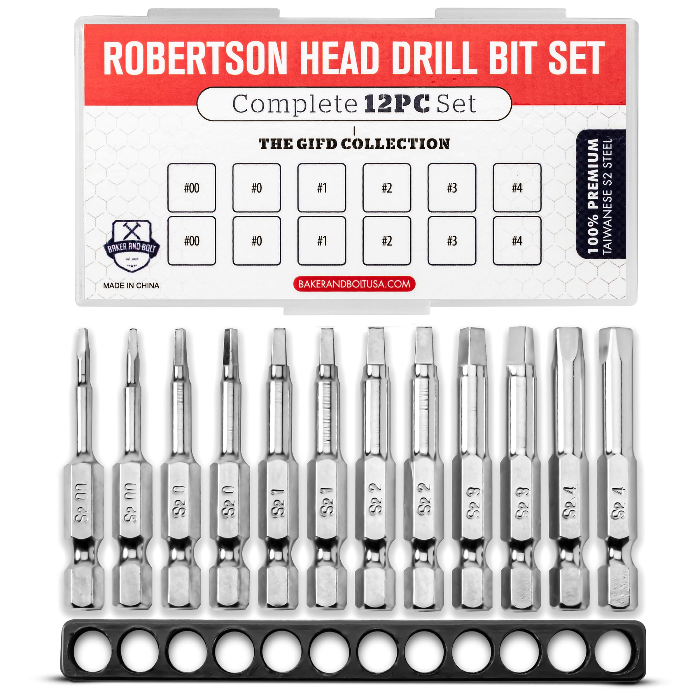 BAKER AND BOLT Robertson Square Drill Bit Set (PREMIUM Complete 12pc Set)/w Storage Case and Bit Holder -Hex Shank Magnetic Bit Set -THE GIFD COLLECTION -Fortified S2 Steel -Long 2in Heads for Drills