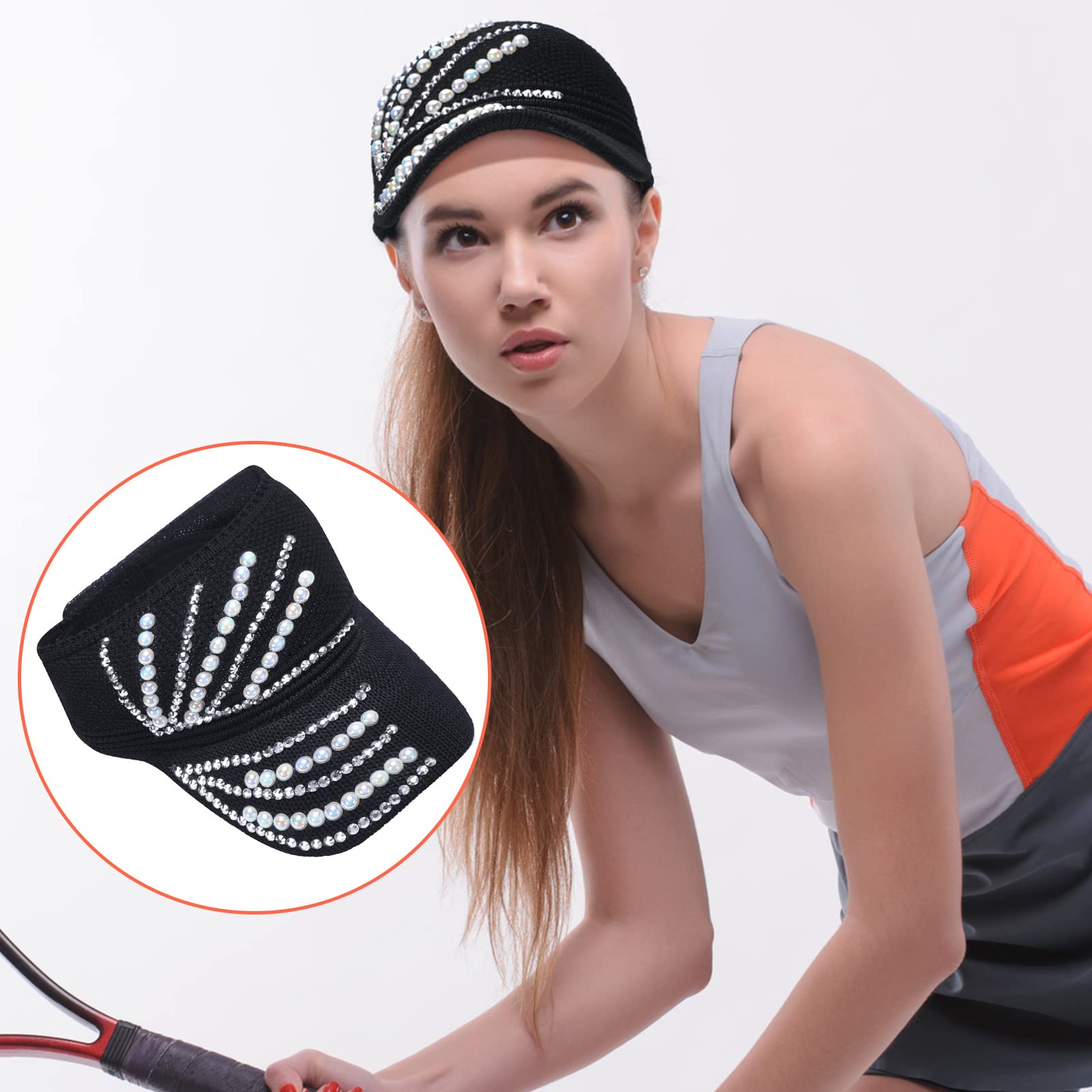 2 Pieces Studded Rhinestone Crystals Ponytail Hat Bling Mesh Baseball Caps Studded Rhinestone Black and White Adjustable Visors Sport Golf Sun Visor Open Top Beach Visor for Women Men Summer Outdoor